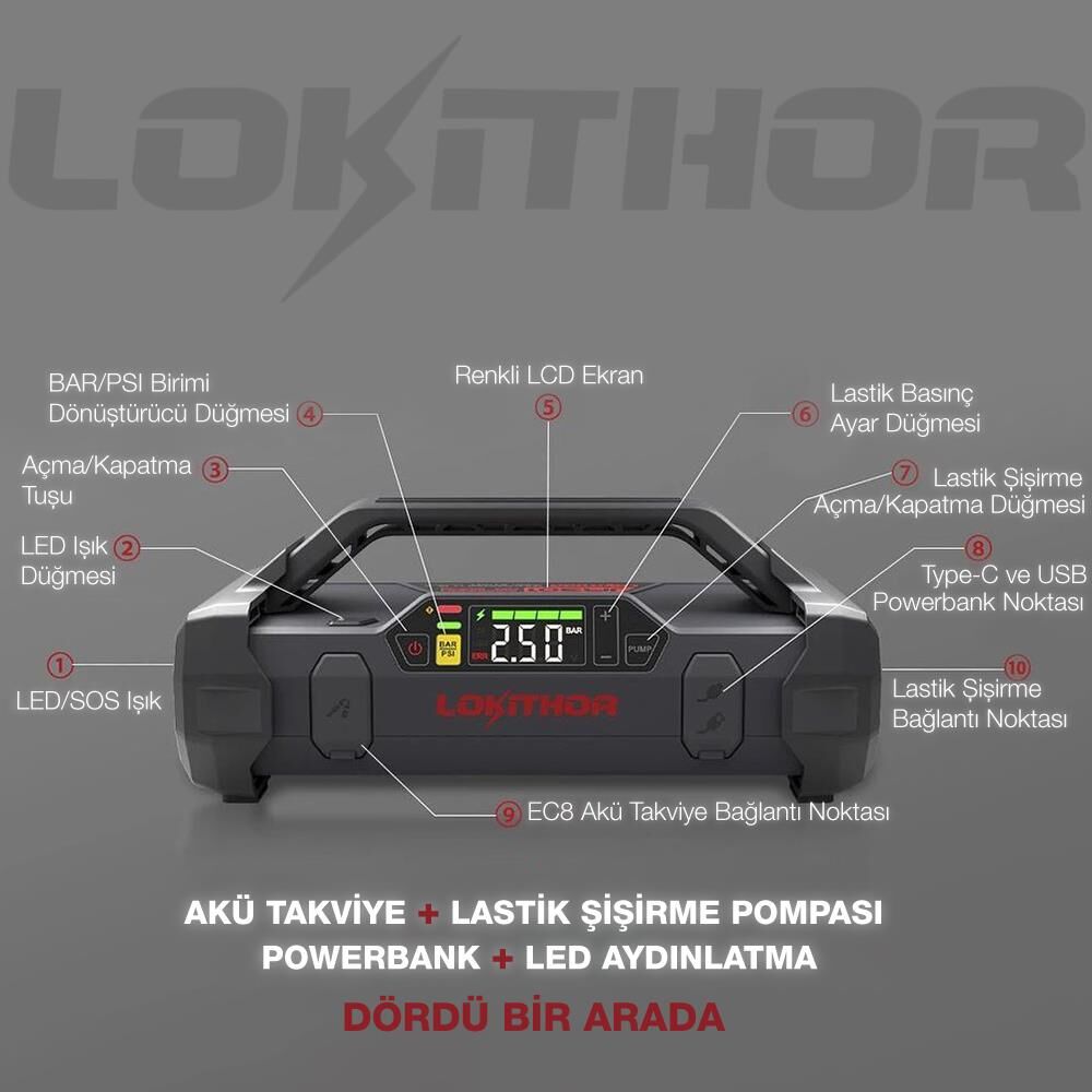 LOKITHOR JA301 12V 2000Amp Li-Polimer Akıllı Akü Takviye + Pompa + Powerbank + Led Lamba ...